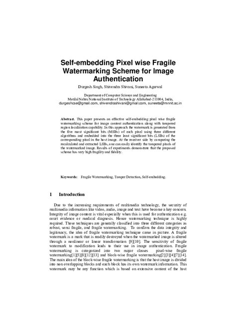 pdf self embedding pixel wise fragile watermarking scheme for image authentication durgesh