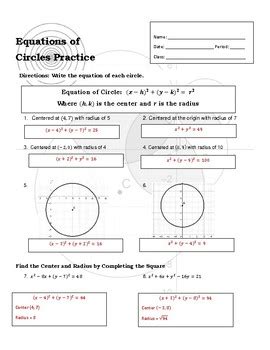 Equation Of A Circle Worksheet With Answers