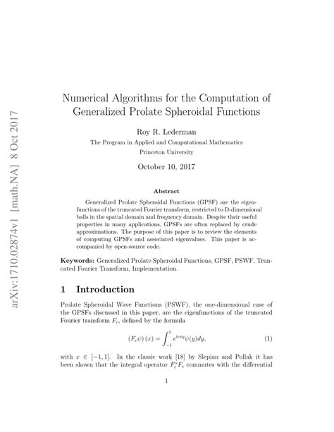 pdf numerical algorithms for the computation of generalized prolate spheroidal functions