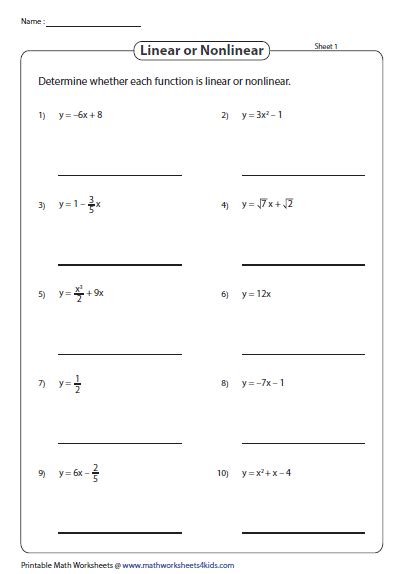 linear or nonlinear function worksheets