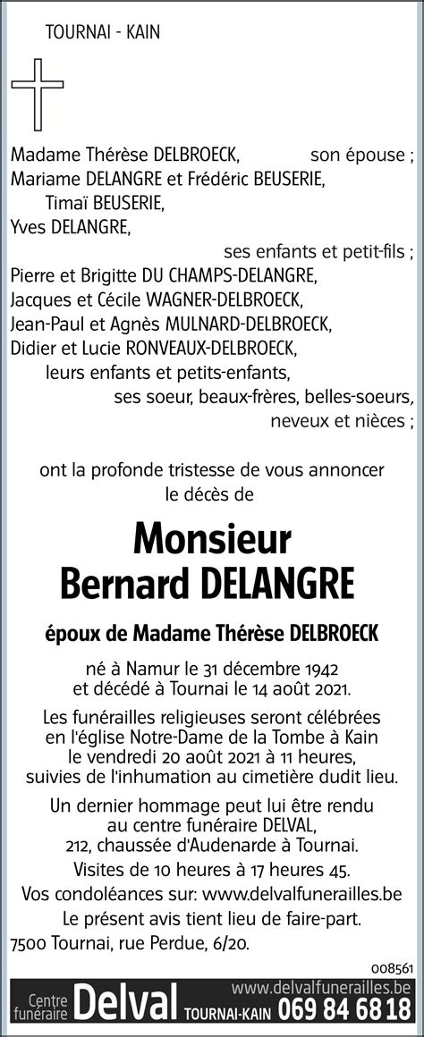Bernard DELANGRE 14 08 2021 Avis nécrologique lavenir net