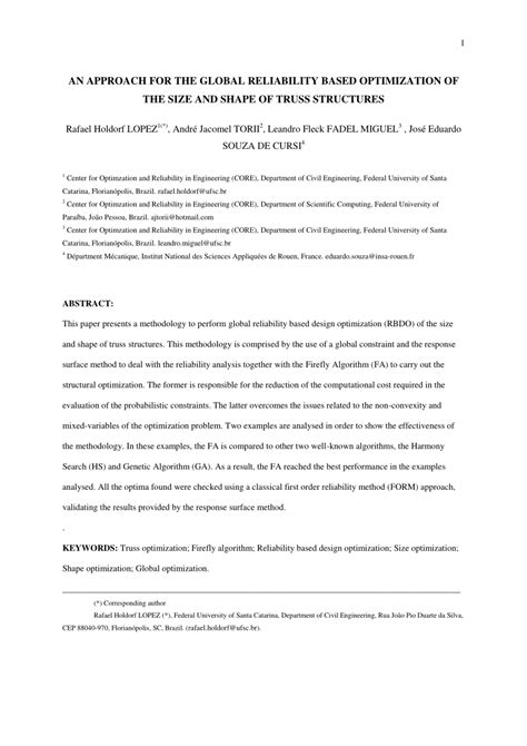 pdf an approach for the global reliability based optimization of the size and shape of truss
