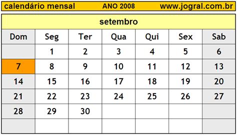 Calendário Mensal Setembro de 2008 Imprimir Mês de Setembro 2008