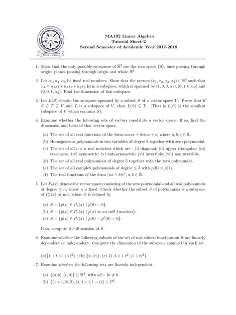 ma102 tutorial2 pdf linear subspace basis linear algebra