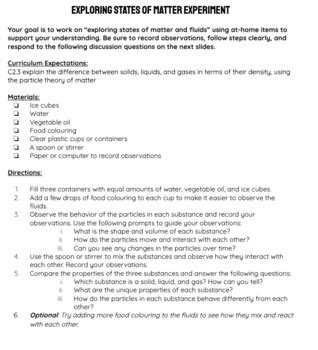 Exploring States Of Matter Experiment Science Rapid Rubrics Ontario