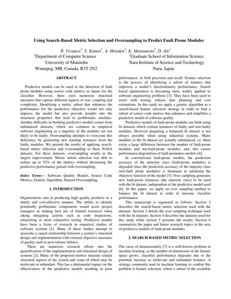 pdf using search based metric selection and oversampling to predict fault prone modules