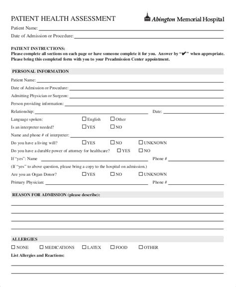 Printable Patient Assessment Form Pdf Patient Assessment Form Design