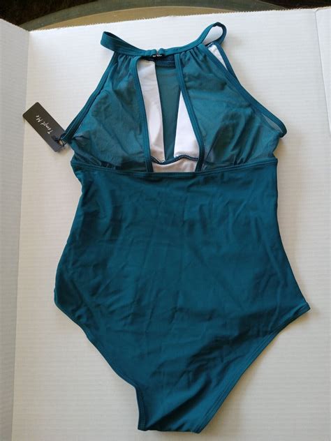 NWT Tempt Me Size XS Nylon Spandex High Neck Plunge Mesh Teal One Piece