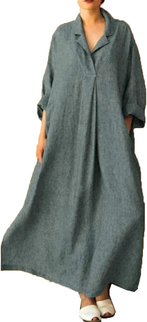 Damen Shirt Kleider Leinen Baumwolle Lange Ärmel Loslassen BohoName