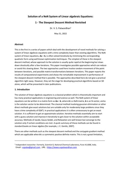 pdf solution of a nxn system of linear algebraic equations 1 the steepest descent method
