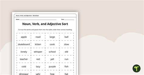 Noun Verb And Adjective Sort Worksheet Teach Starter