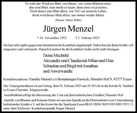 Traueranzeigen von Jürgen Menzel Trauer in NRW de