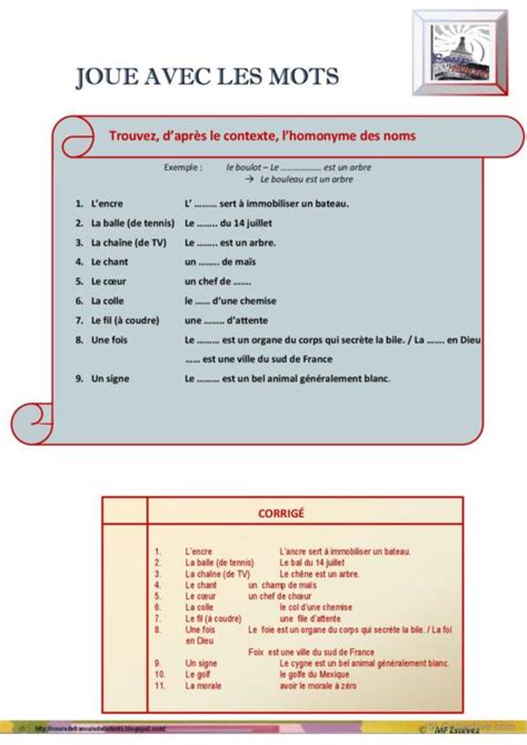 3 HOMOGRAPHES Français FLE fiches pedagogiques pdf doc