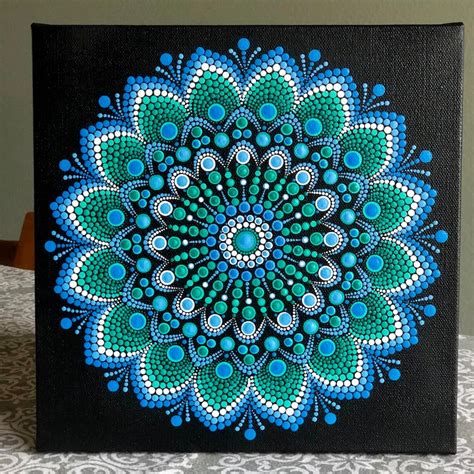 Vibrant Dot Mandala Hand Painted On Black Stretched Canvas X In