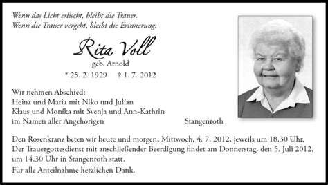Rita Voll Traueranzeige Trauer InFranken De
