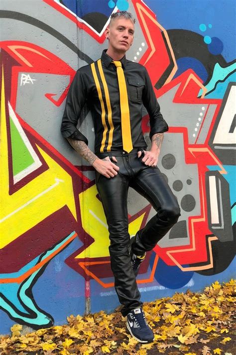 Black Leather Shirt YELLOW STRIPES Black Leather Shirt Mens