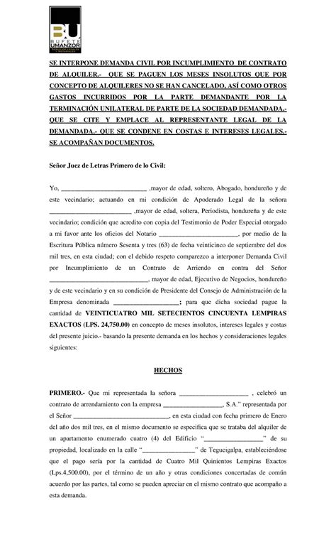 Formato De Demanda Incumplimiento De Contrato Image To U