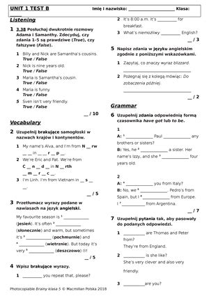 Brainy Kl Unit Test A Sprawdzian Dla Klasy Unit Test A Imi