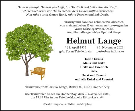Das Trauerportal für Lüchow Dannenberg Todesanzeigen Helmut Lange