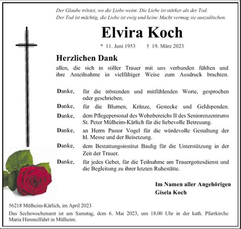 Traueranzeigen Von Elvira Koch Rz Trauer De