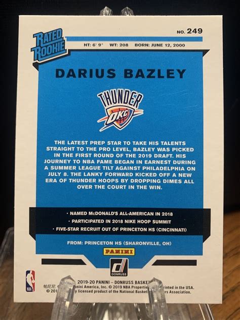 Darius Bazley 2019 2020 Donruss 249 Rated Rookie RC OKC Thunder EBay