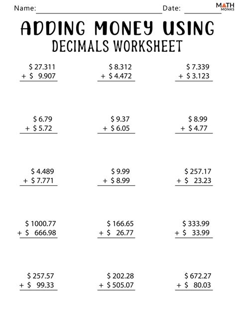 Adding With Decimals Worksheet