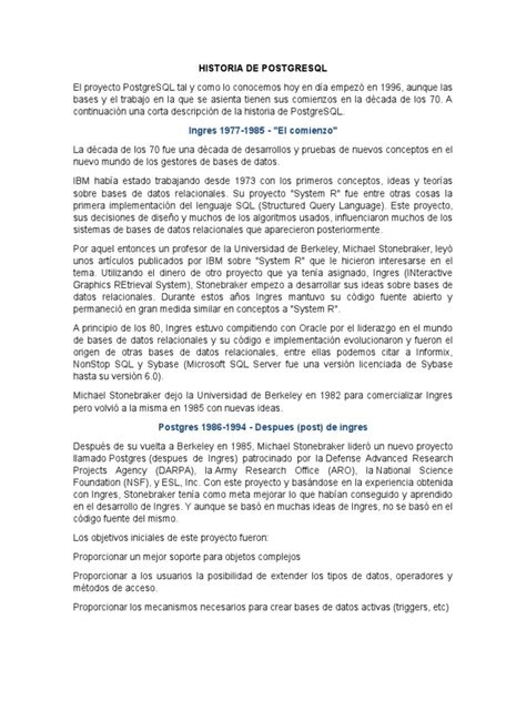 historia de postgresql pdf postgre sql bases de datos