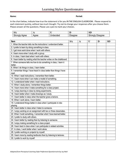 Free Online Learning Styles Questionnaire