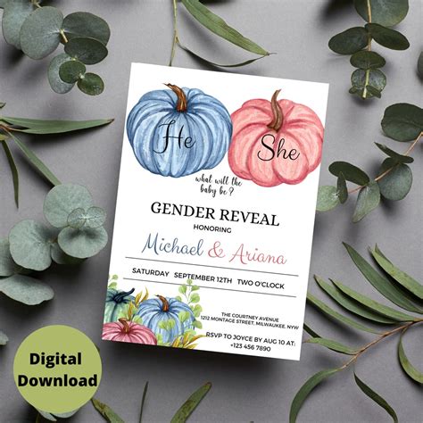 Pumpkin Gender Reveal Invitation Pink And Blue Fall Pumpkin Gender