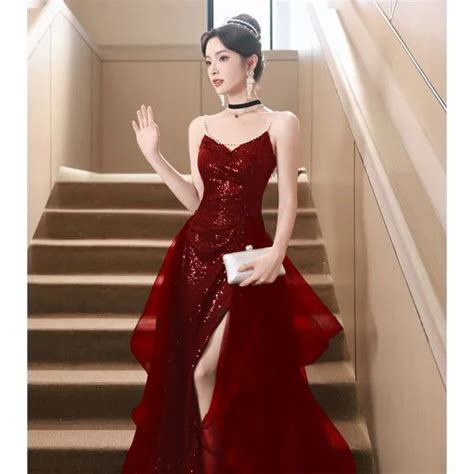 Sexy Scintillantes Bordeaux Paillettes Robe De Soirée 2023 Trompette