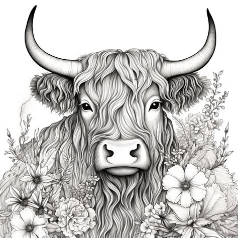 Floral Highland Cow Print Adult Coloring Page 50 Digital Etsy