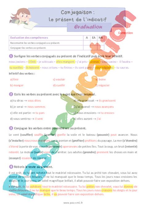 Le présent de lindicatif Évaluation de conjugaison pour le cm1 PDF