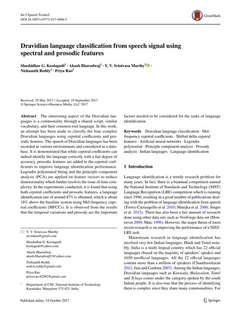 pdf dravidian language classification from speech signal using spectral and prosodic features