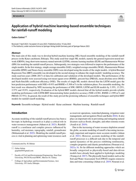 pdf application of hybrid machine learning based ensemble techniques for rainfall runoff modeling