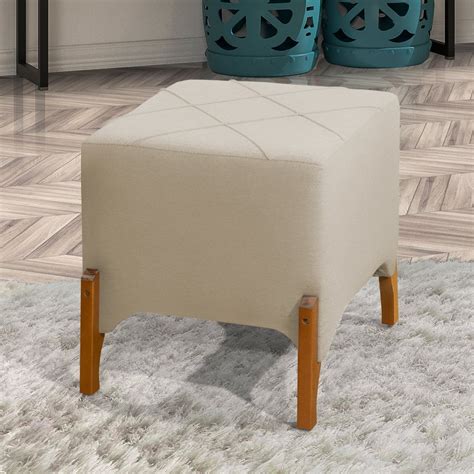Puff Quadrado Pés de Madeira Maciça Suede Bege MadeiraMadeira