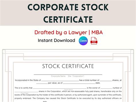 Stock Certificate Corporate Stock Certificate Editable Canva Template