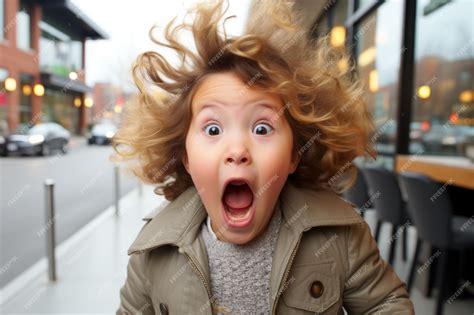 Premium Ai Image A Young Girl With Her Mouth Wide Open In Front Of A Restaurant