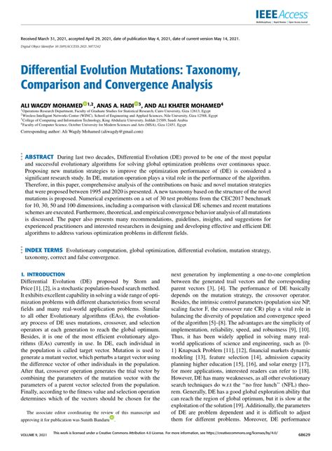 pdf differential evolution mutations taxonomy comparison and convergence analysis