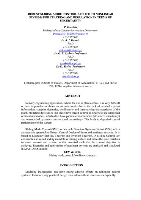 pdf robust sliding mode control applied to nonlinear systems for tracking and regulation in