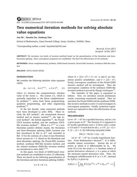 pdf two numerical iteration methods for solving absolute value equations