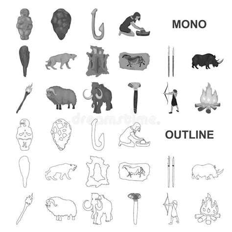 Life In The Stone Age Monochrom Icons In Set Collection For Design
