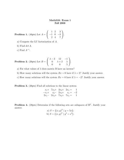 inverse determinant of matrix applied linear algebra math 310 exams linear algebra docsity