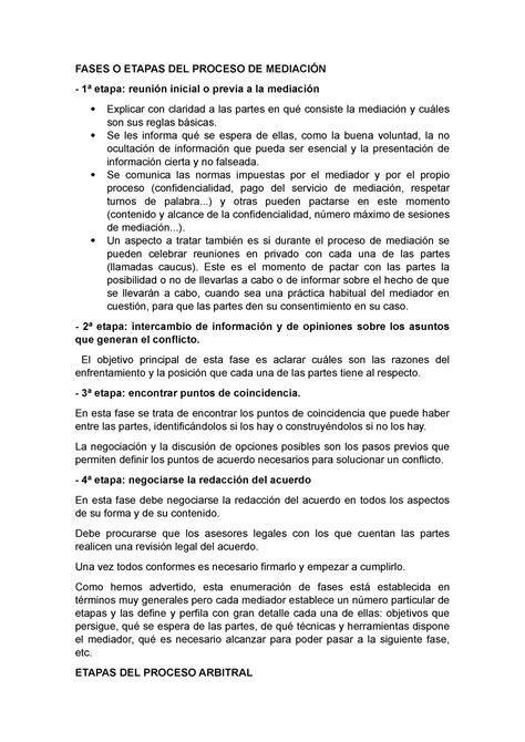 Fases O Etapas DEL Proceso DE Mediación como método para llegar a la