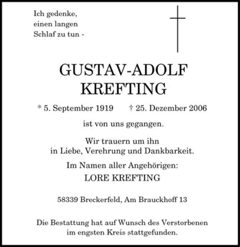 Traueranzeigen Von Gustav Adolf Krefting Trauer In NRW De