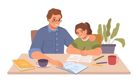 Papá ayudando a su hija con la tarea Vector Premium