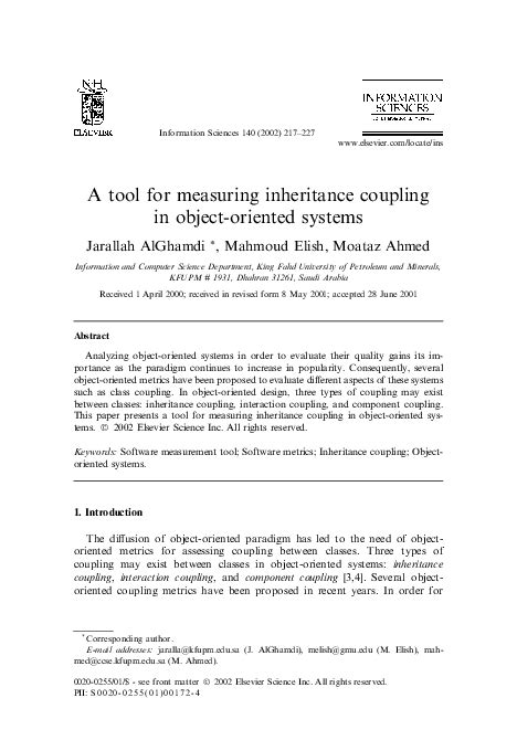 pdf a tool for measuring inheritance coupling in object oriented systems mahmoud elish