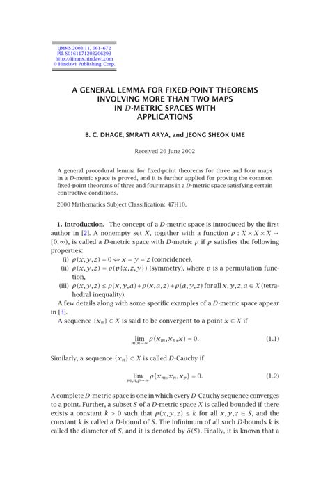 pdf a general lemma for fixed point theorems involving more than two maps in d metric spaces