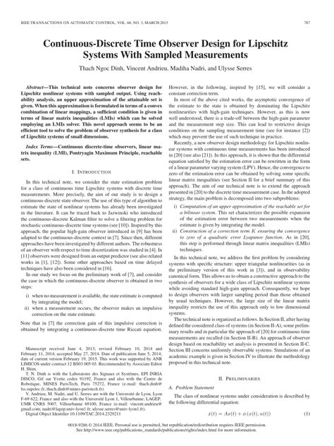pdf continuous discrete time observer design for lipschitz systems with sampled measurements
