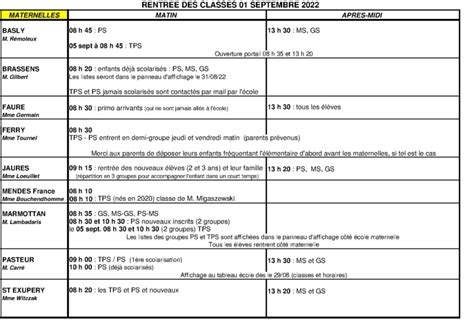 Rentrée scolaire 2022 2023 Horaires des écoles maternelles et