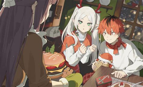 Apron Blush Cake Christmas Doll Fern Sousou No Frieren Food Frieren Green Eyes Horns Long Hair